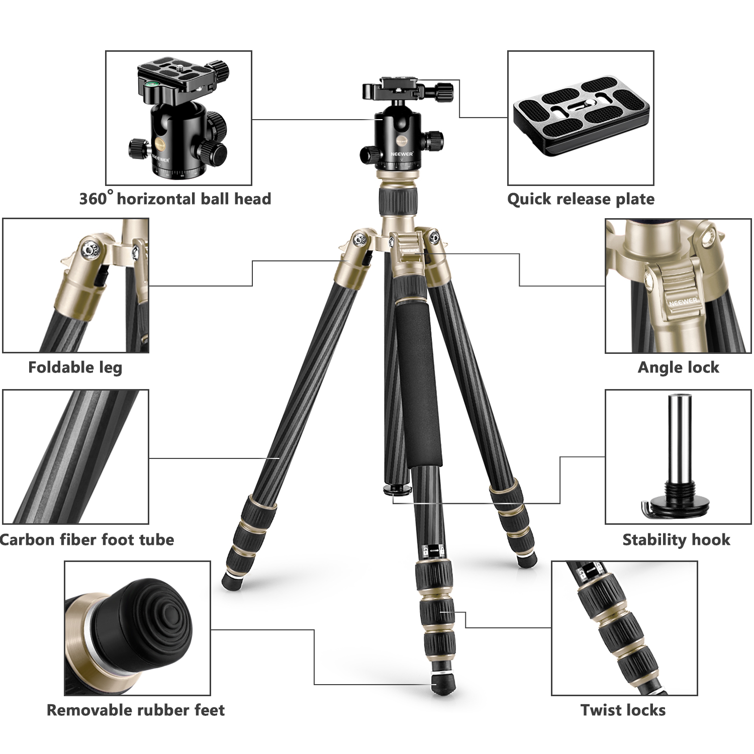 Neewer Carbon Fiber 67 Tripod Monopod With 360 Degree Ball Head Gold